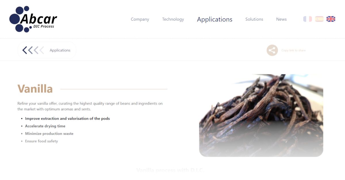 Sustainable process for fine vanilla beans and extracts - Applications - Abcar D.I.C. Process